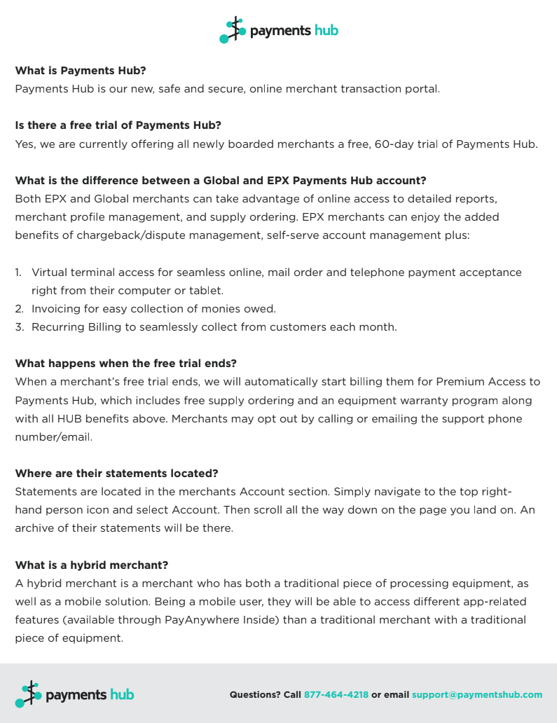 Payments Hub Contact Info & FAQ